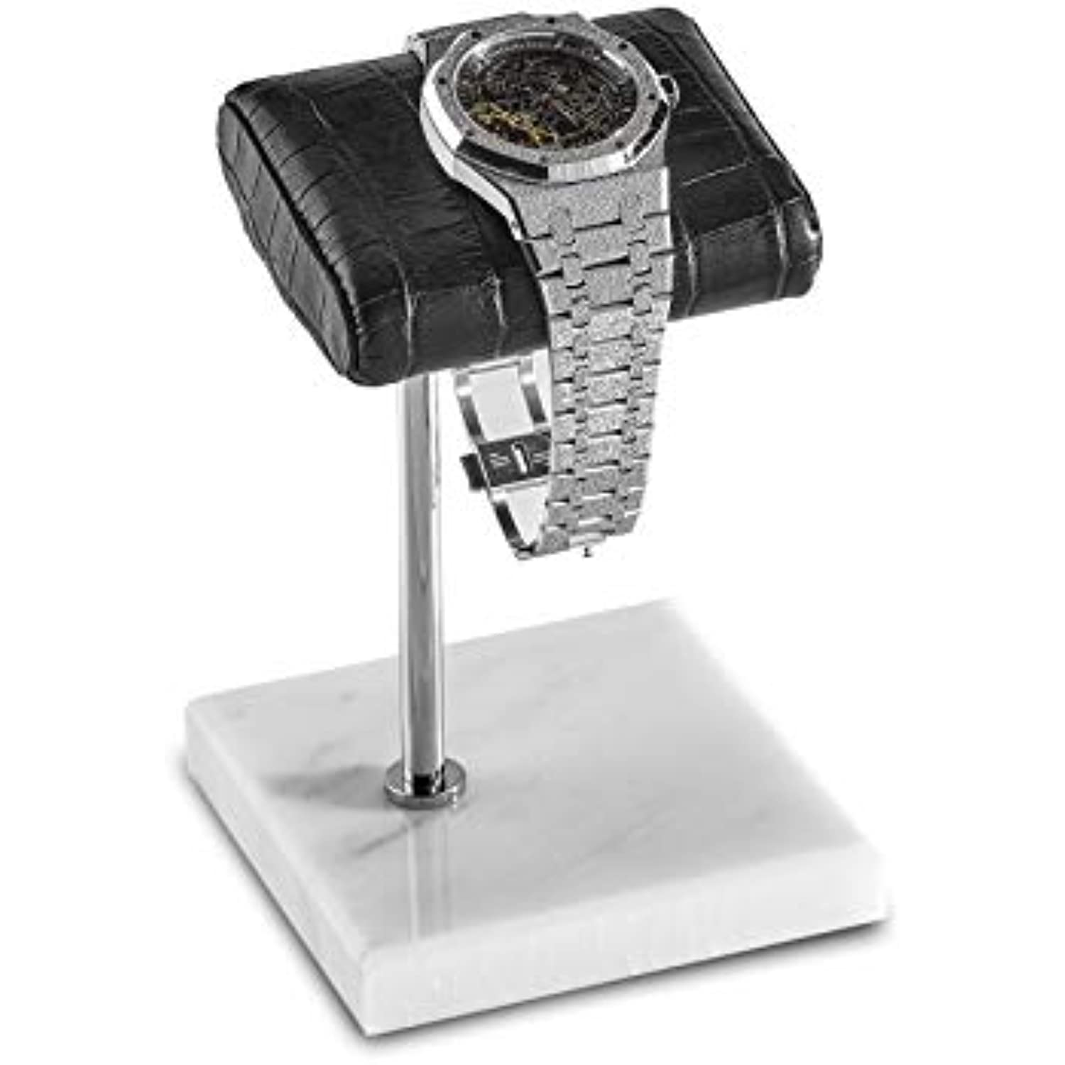 Watch Stand - Crocodile Black Leather & White Marble Watch Stand with ...